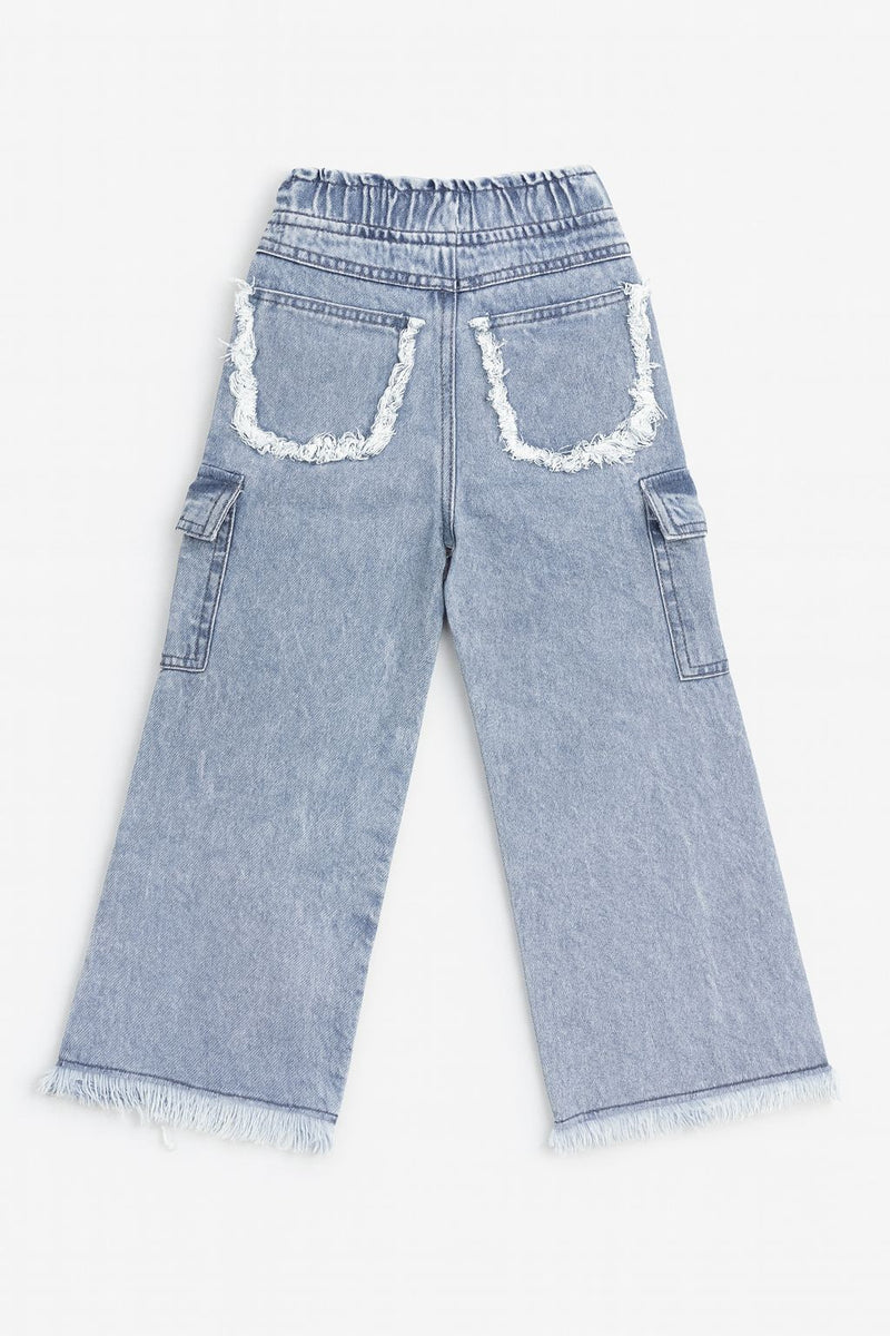 Girls Light Blue Cargo Denim with Good Vibes Embroidery ( Imported and ...